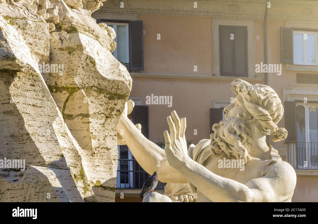 The Danube river god statue in the fountain of four rivers in Rome ...