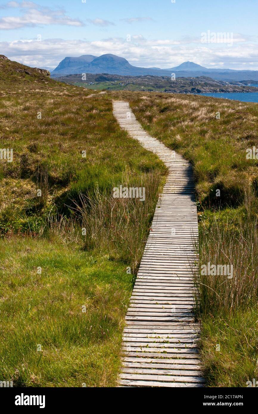 Man made wooden coastal pathway cuts through the landscape on Handa ...
