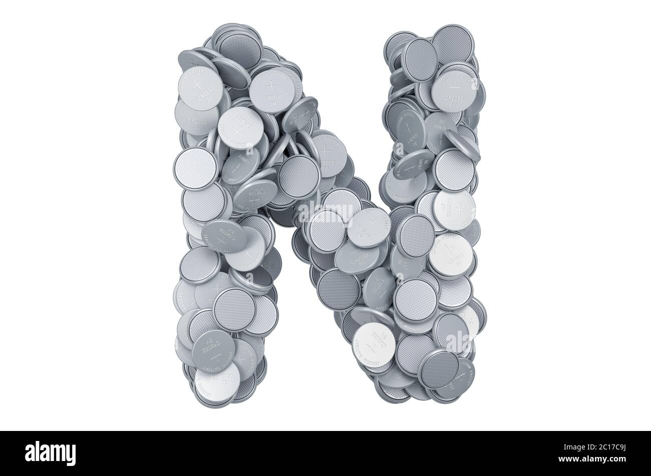 Letter N from button cells, 3D rendering isolated on white background ...