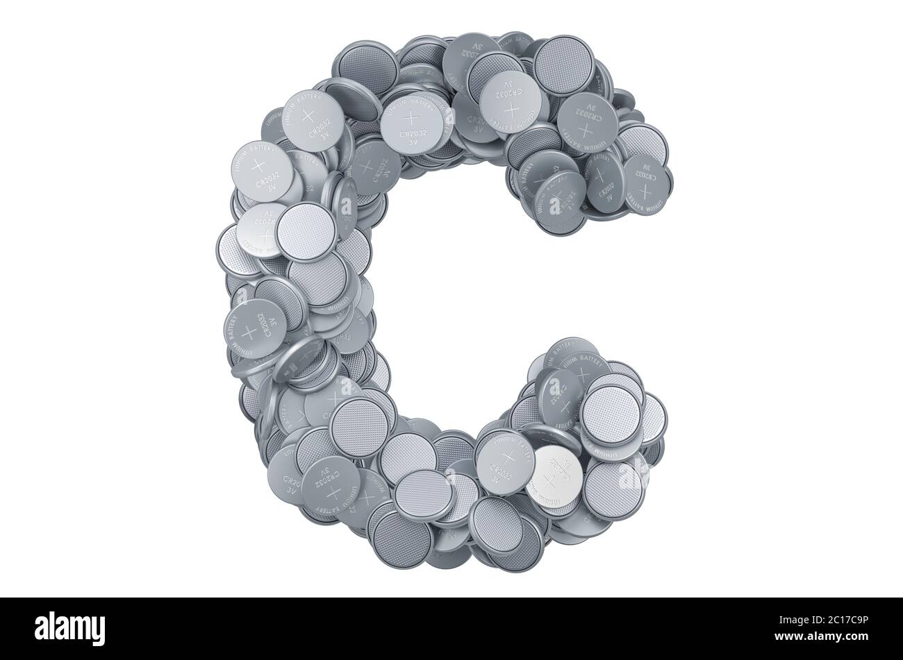 Letter C from button cells, 3D rendering isolated on white background ...