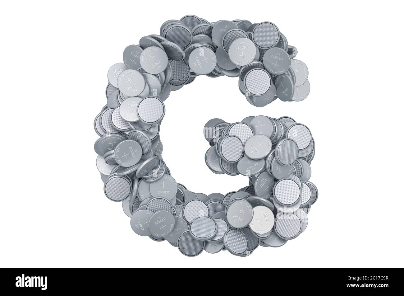 Letter G from button cells, 3D rendering isolated on white background ...