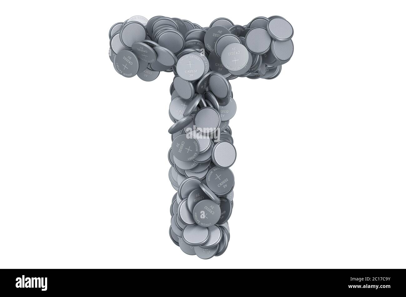 Letter T from button cells, 3D rendering isolated on white background ...