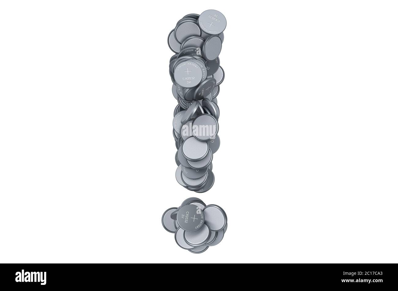 Exclamation mark from button cells, 3D rendering isolated on white ...