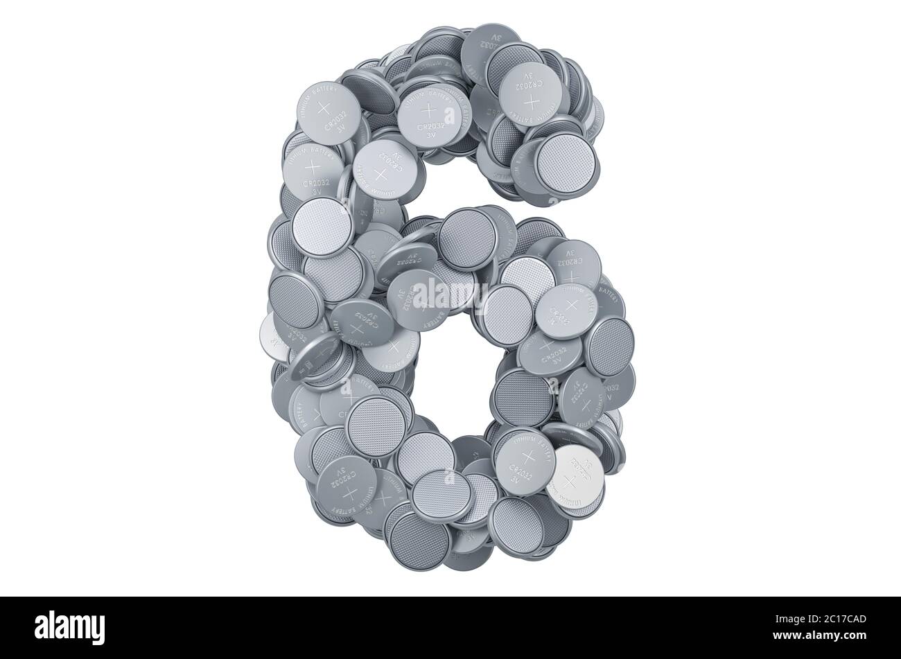 Number 6 from button cells, 3D rendering isolated on white background ...