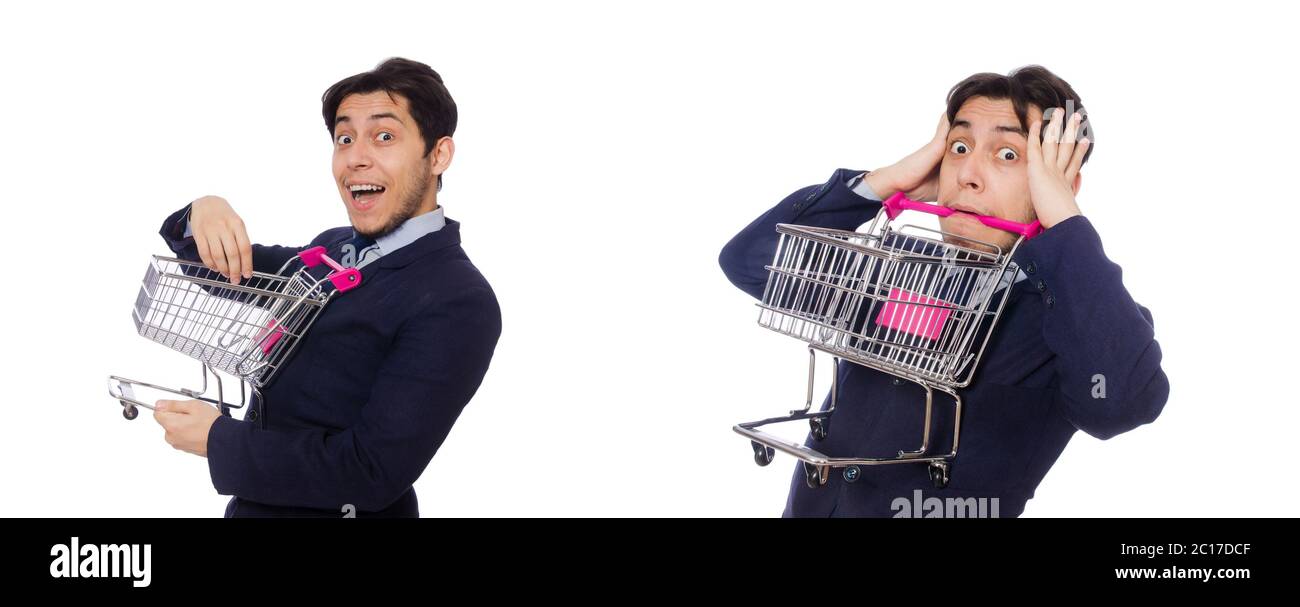 Funny man with shopping cart isolated on white Stock Photo - Alamy