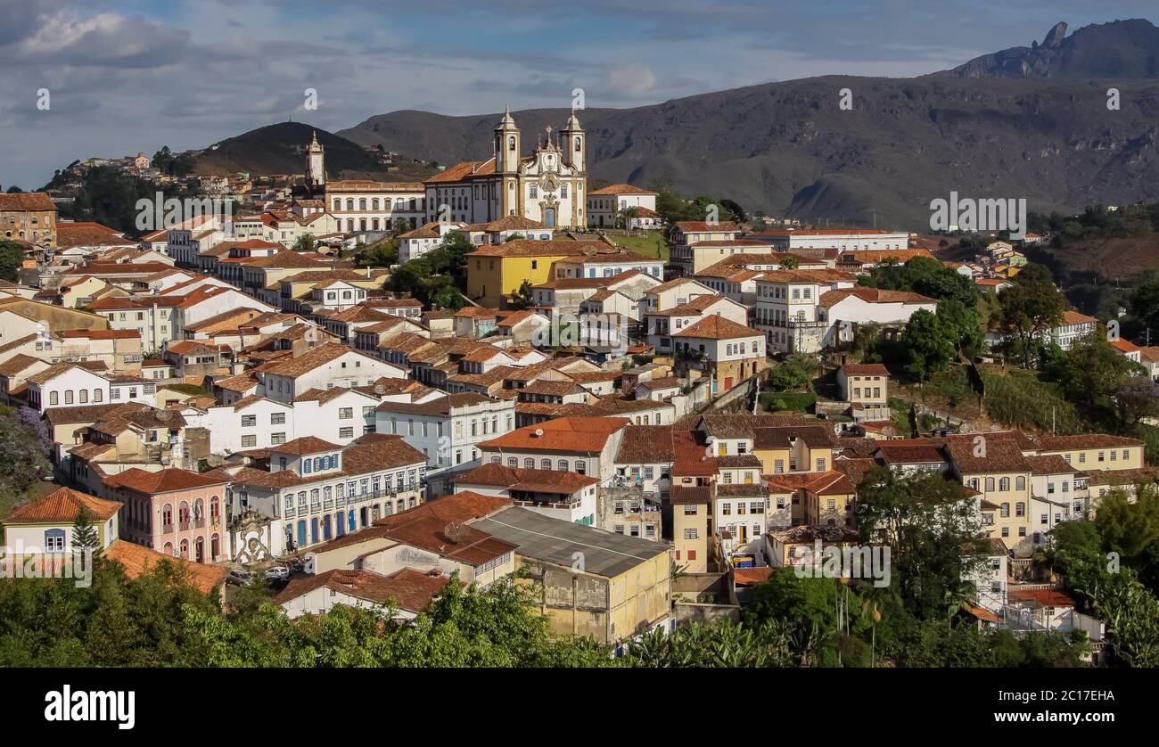 View of historic baroque city Ouro Preto, UNESCO World heritage site ...