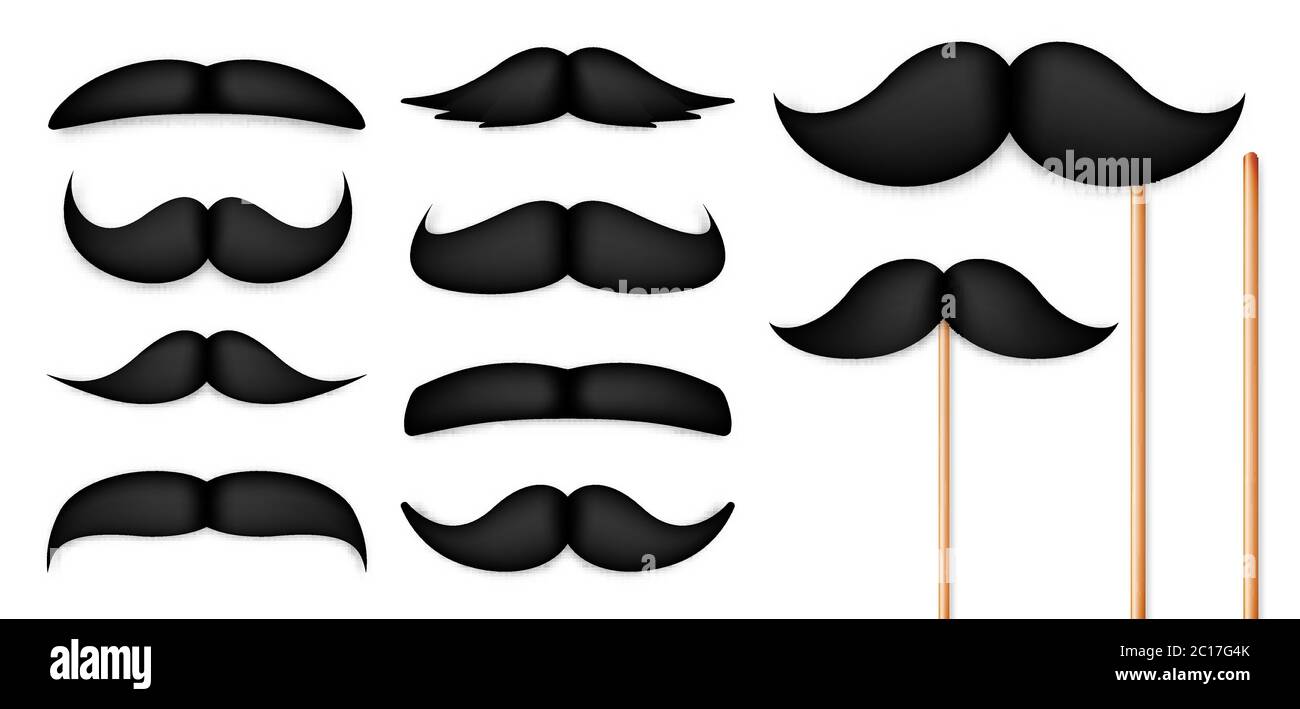 Realistic fake mustache on a stick. Vintage paper mustache collection ...