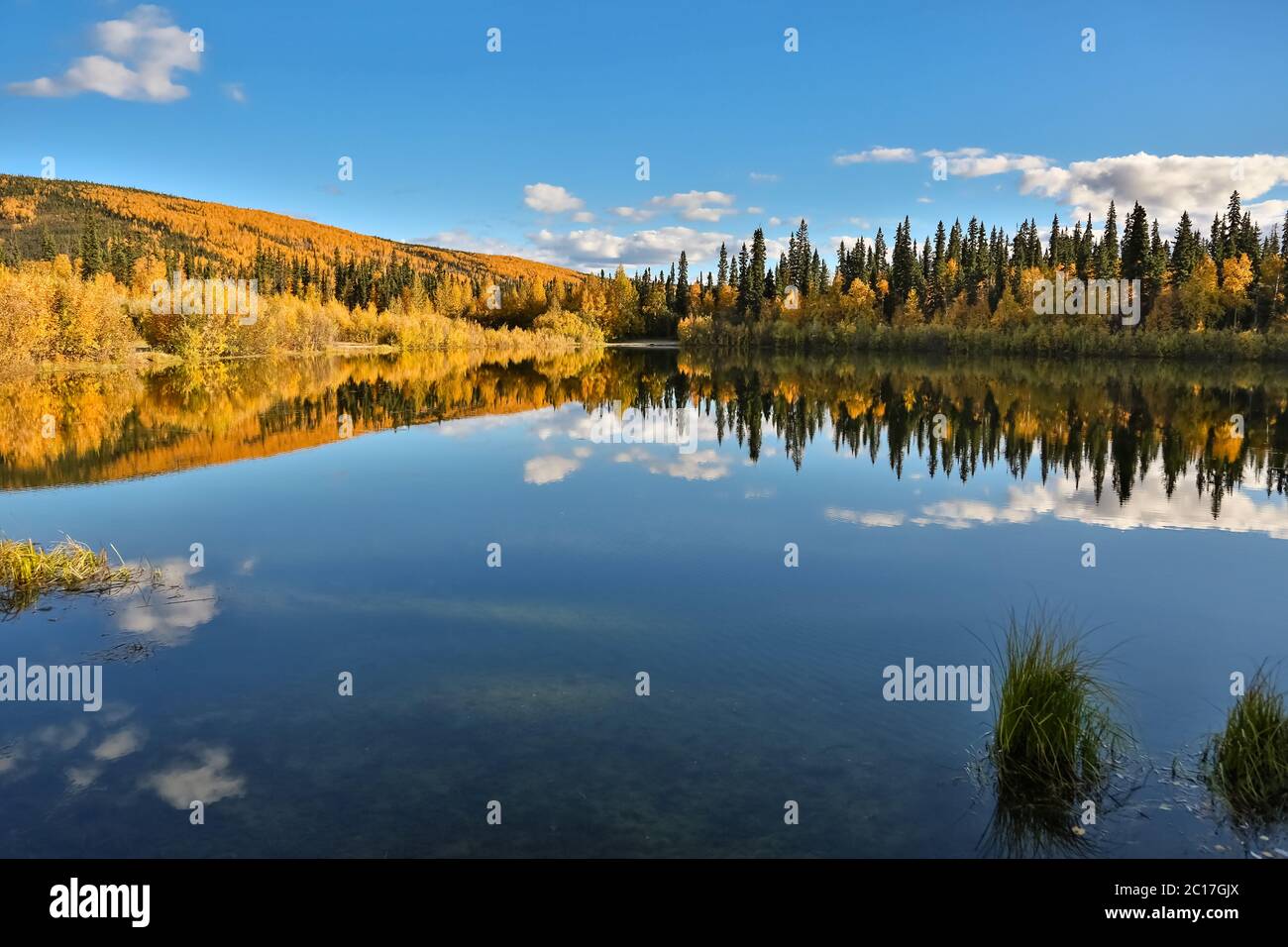 Panoramic view of a clear lake with reflections in fall, Chena River ...