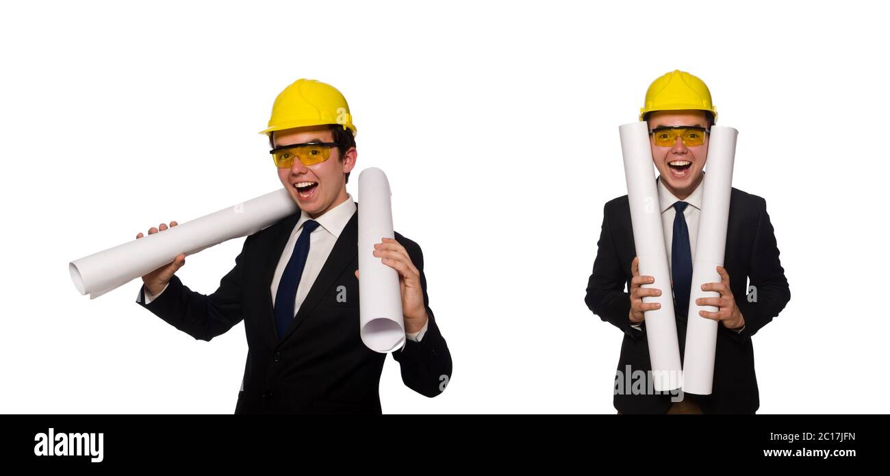 Funny architect with drawings on white Stock Photo - Alamy