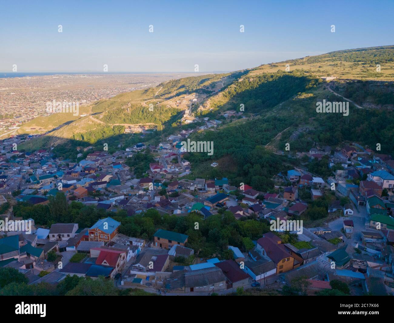 The landscape of the village of Tarki in Russia made from a mountain ...