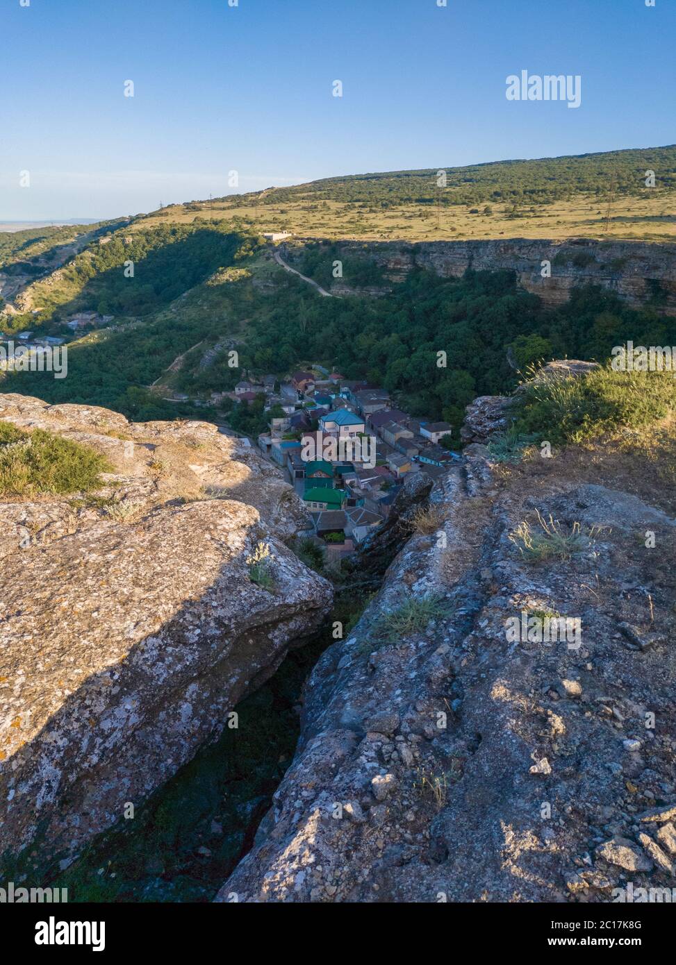 The landscape of the village of Tarki in Russia made from a mountain ...