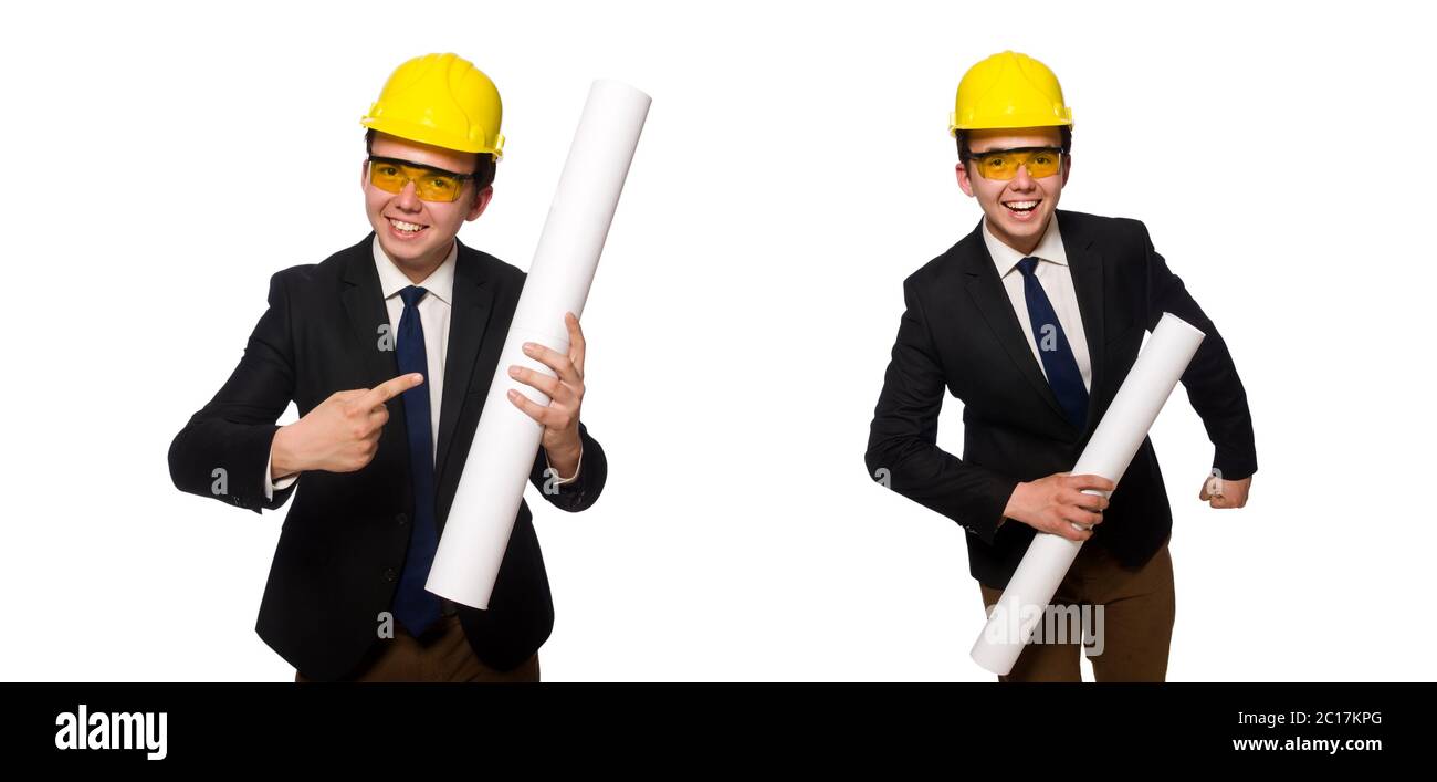 Funny architect with drawings on white Stock Photo - Alamy