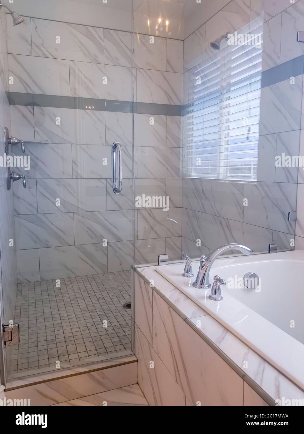 Bathroom interior with shower area and bathtub separated by glass door ...
