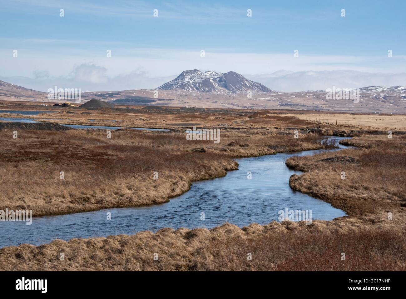 Mount Hekla and the Affall River, seen from Route 1 near Hvolsvöllur ...