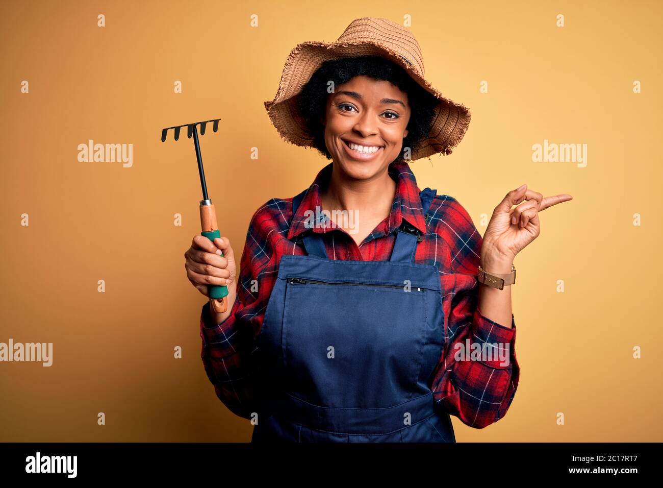 Young African American afro farmer woman with curly hair wearing apron ...