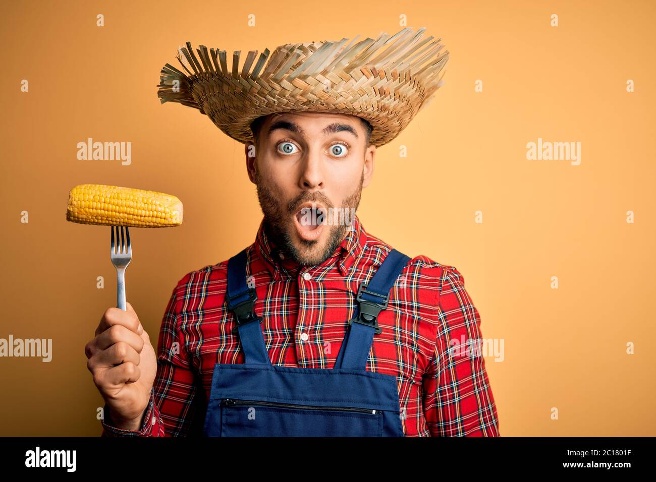 Young rural farmer man holding countryside corn over isolated yellow ...