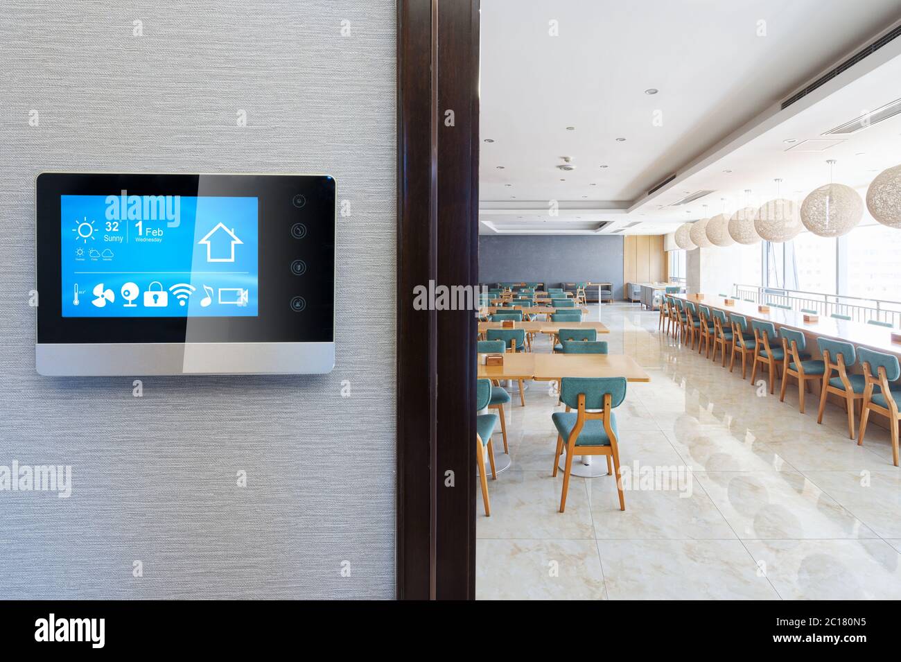 smart screen on wall with modern cafeteria Stock Photo - Alamy