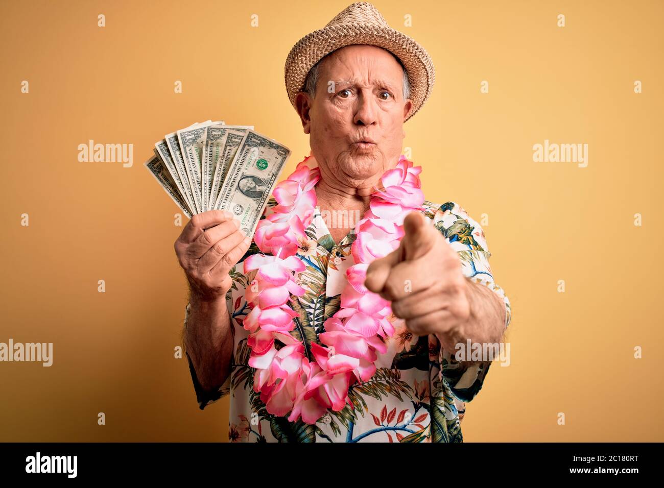 Grey haired senior man wearing summer hat and hawaiian lei holding ...