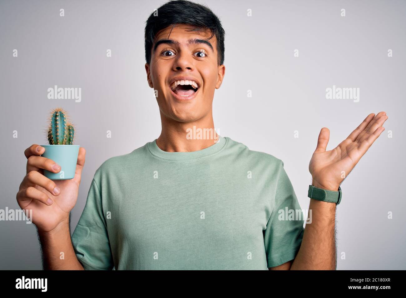 Young handsome man holding small cactus plant pot over isolated white ...