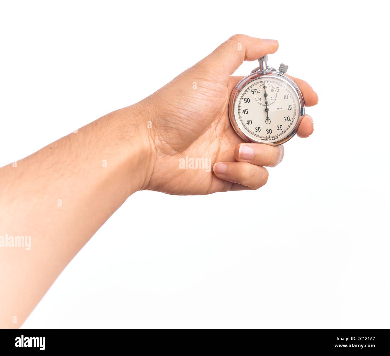 Hand of caucasian young man doing countdown holding stopwatch over ...