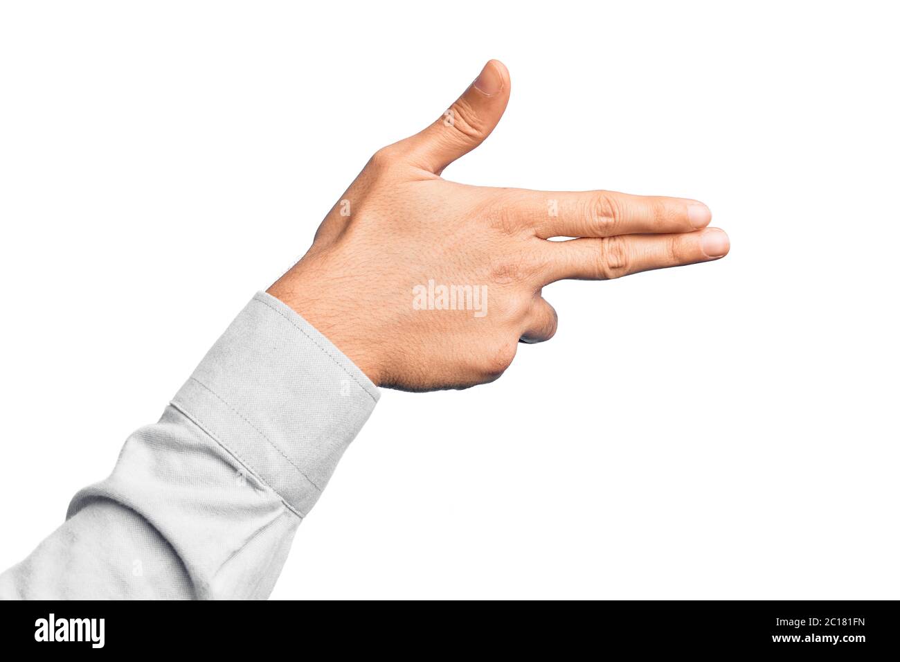 Hand of caucasian young man showing fingers over isolated white ...