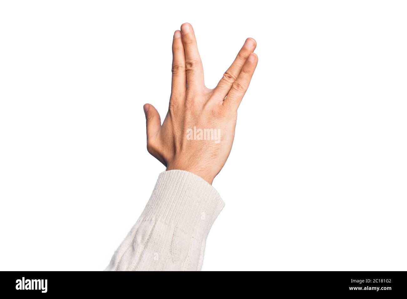 Hand of caucasian young man showing fingers over isolated white ...