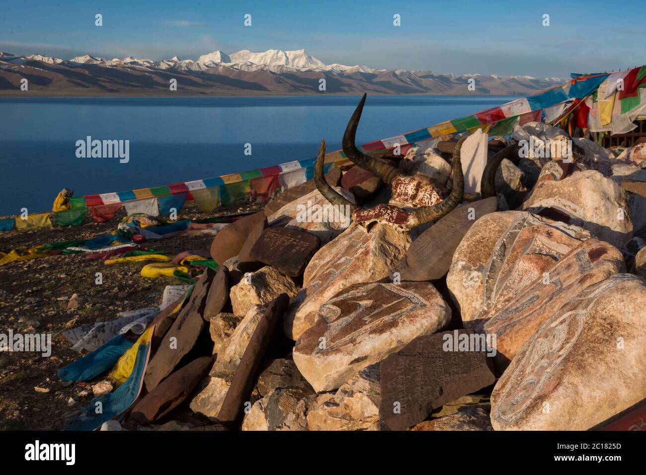 Mani stones, yak skulls and prayer flags in a massive offering, Tashi ...