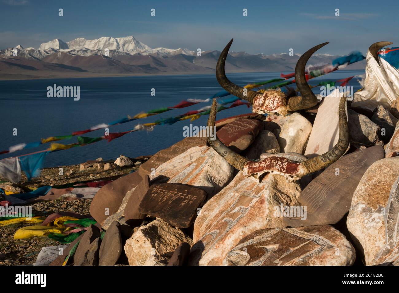 Mani stones, yak skulls and prayer flags in a massive offering, Tashi ...