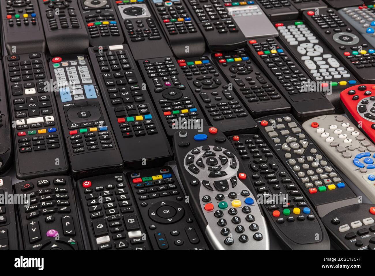 Remote control group. TV remote control devices, isolated on white ...