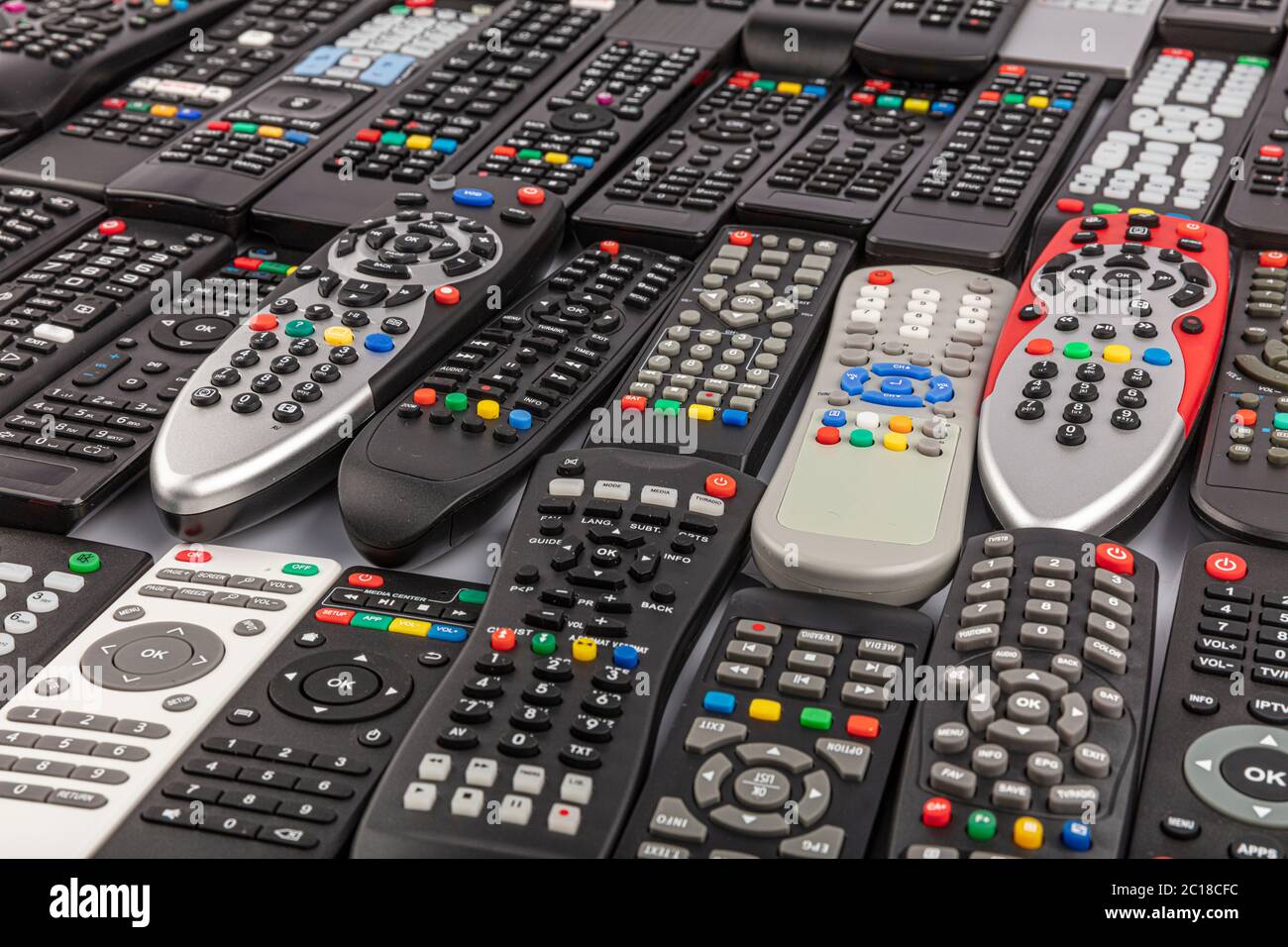 Remote control group. TV remote control devices, isolated on white ...