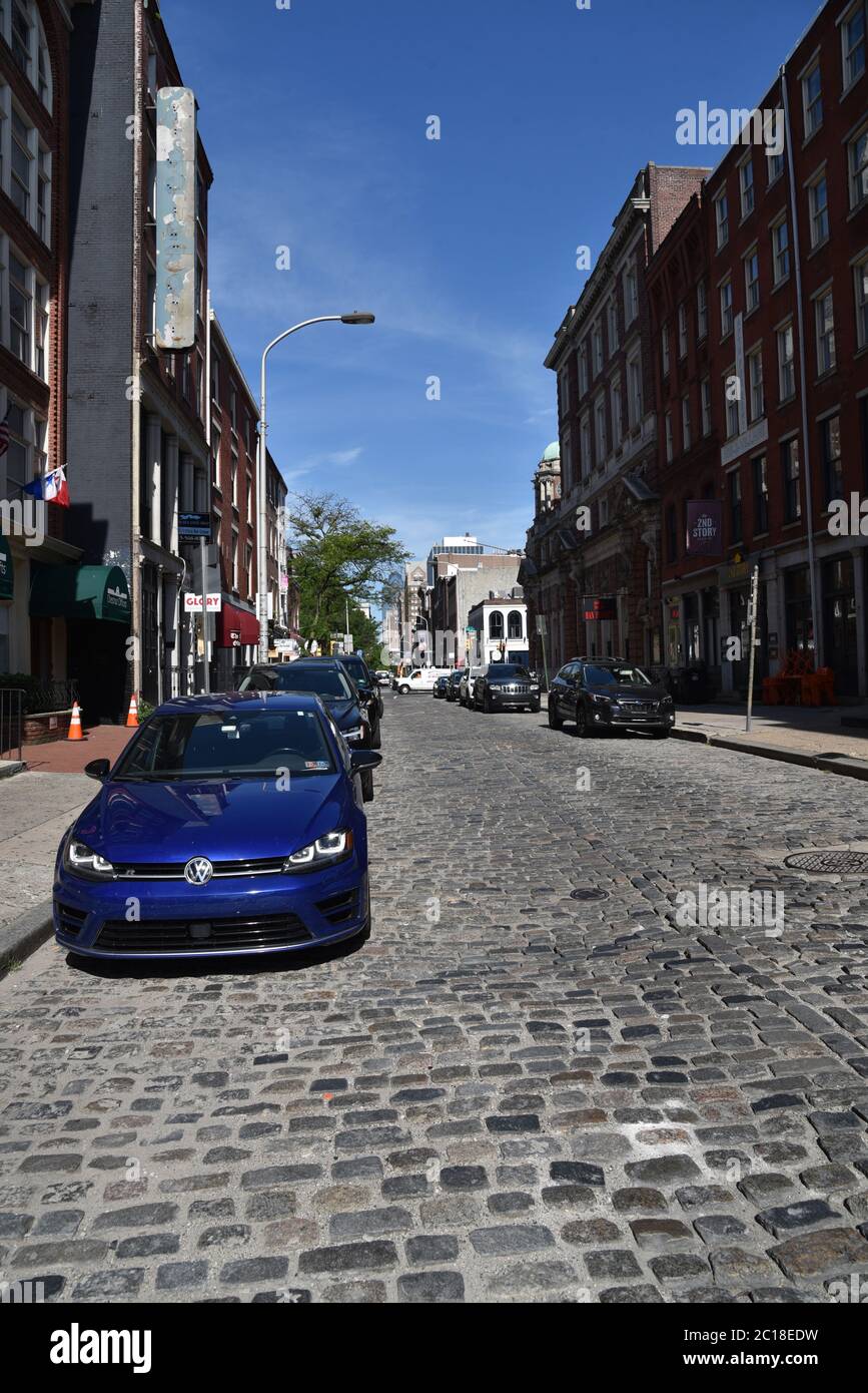 Philadelphia, PA/USA - June 26, 2019: Cobblestone street in historic ...