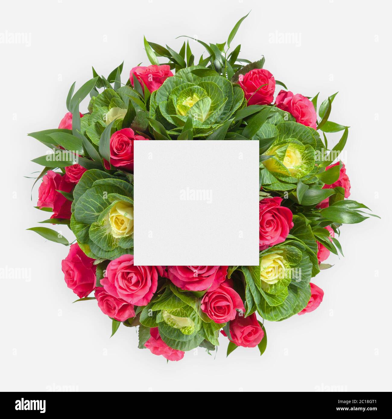 Creative layout made of flowers and leaves with paper card note. Flat ...