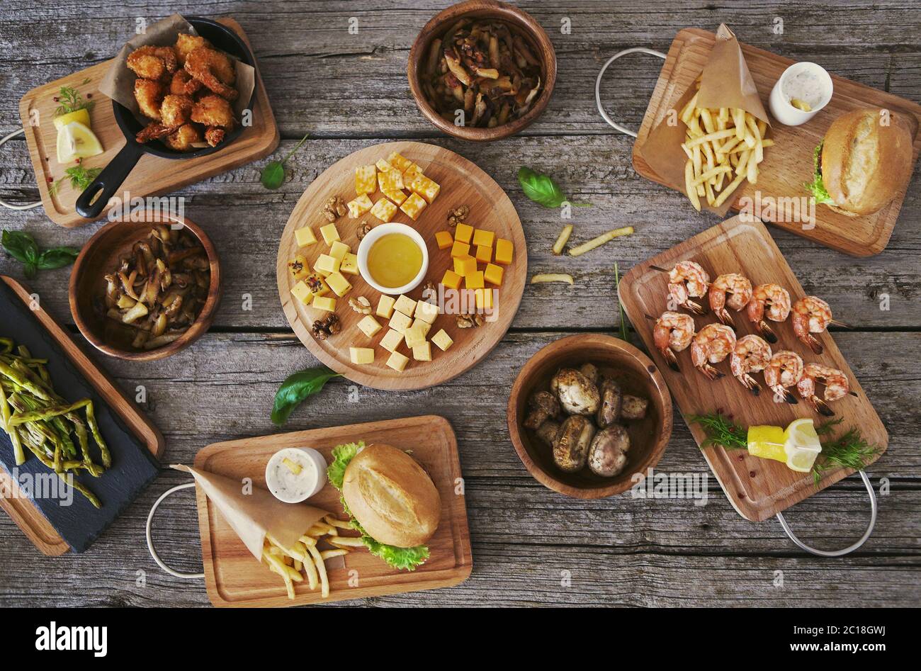 Top view of table with food and snack Stock Photo - Alamy