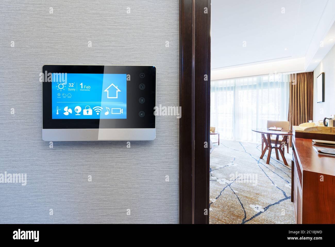 smart screen with modern twin bed room Stock Photo - Alamy