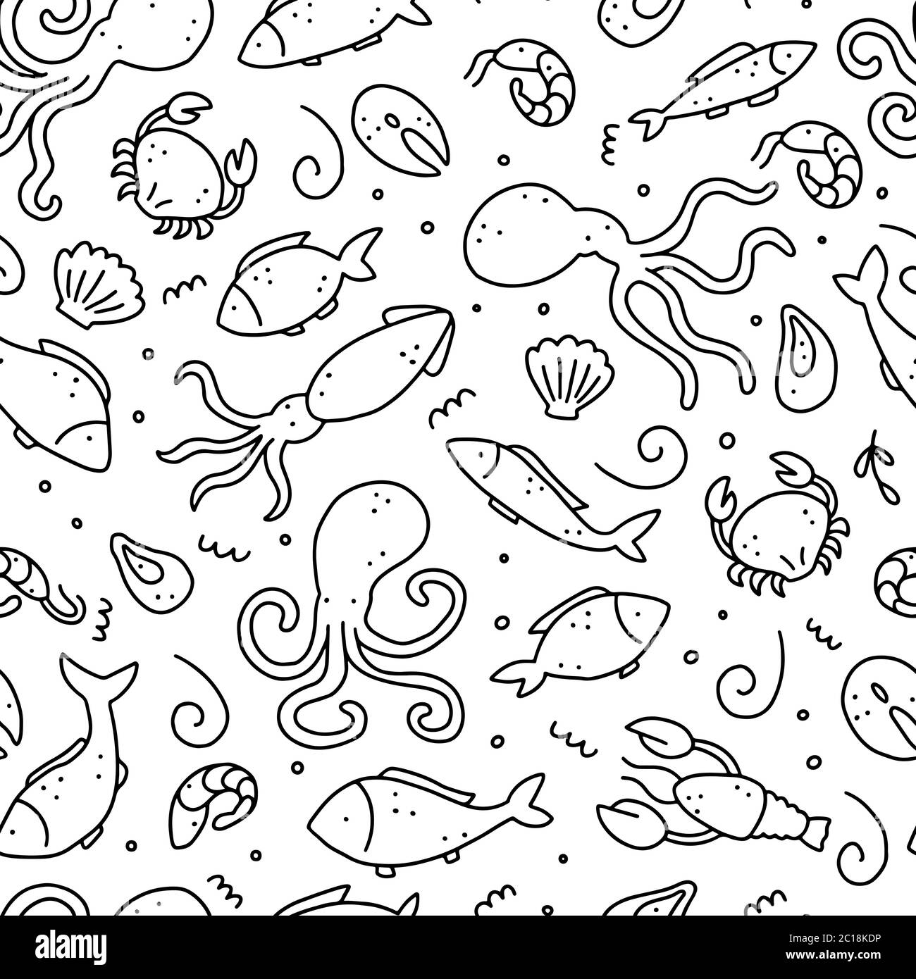 Hand drawn seamless pattern of seafood elements, fish, lobster, oyster ...