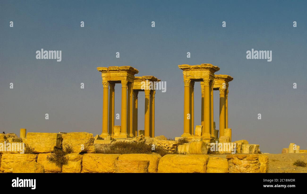 Panorama of Palmyra columns Tetrapylon and ancient city, destroyed ISIS ...