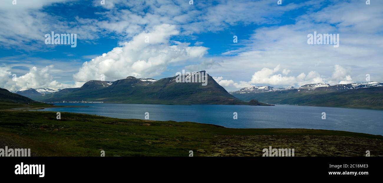 Panorama of Reydarfjordur, biggest fjord, Eastern Iceland Stock Photo ...