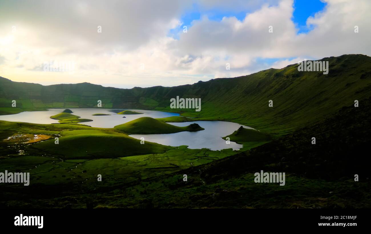 Landscape sunset view to Caldeirao crater, Corvo island, Azores ...