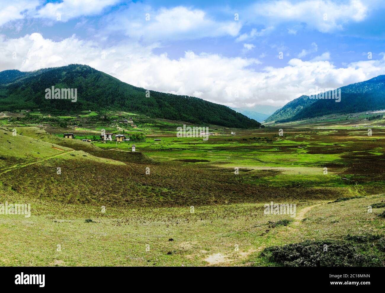 Landscape of mountain Phobjikha valley, Bhutan Himalayas Stock Photo ...