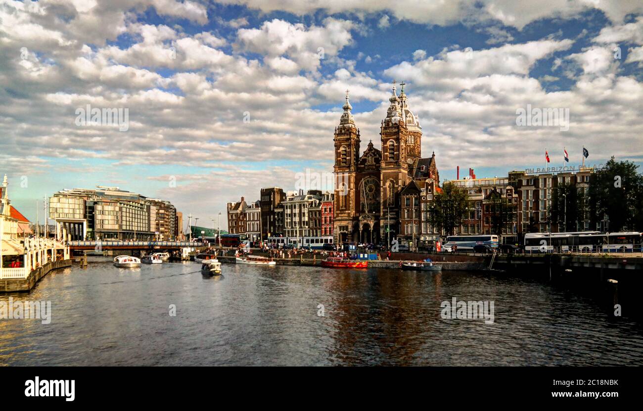 Panorama of Amsterdam with St. Nicholas basilica Netherlands Stock ...
