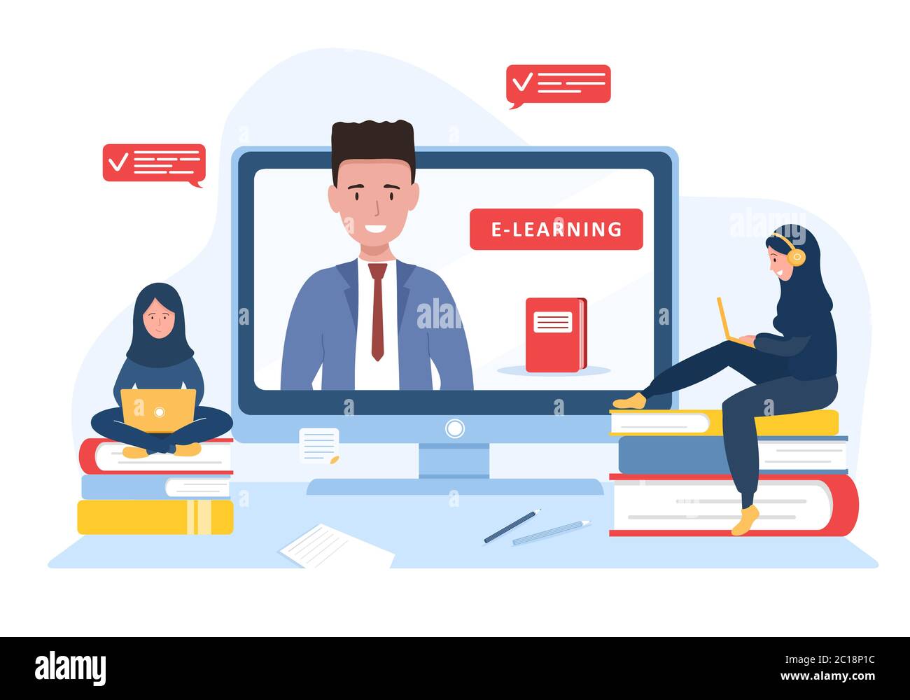 Online education. Flat design concept of training and video tutorials. Student learning at home ...
