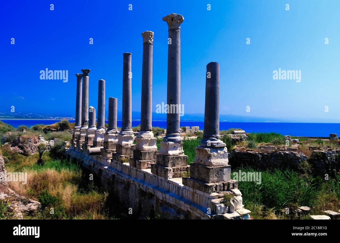 Remains of ancient columns at Al Mina excavation site in Tyre, Lebanon ...