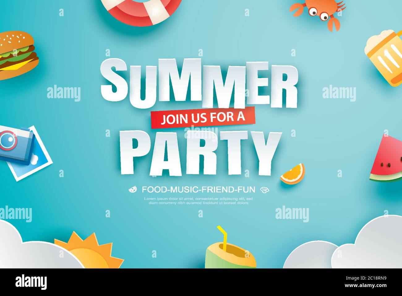 Summer party invitation banner with decoration origami. Paper art and ...