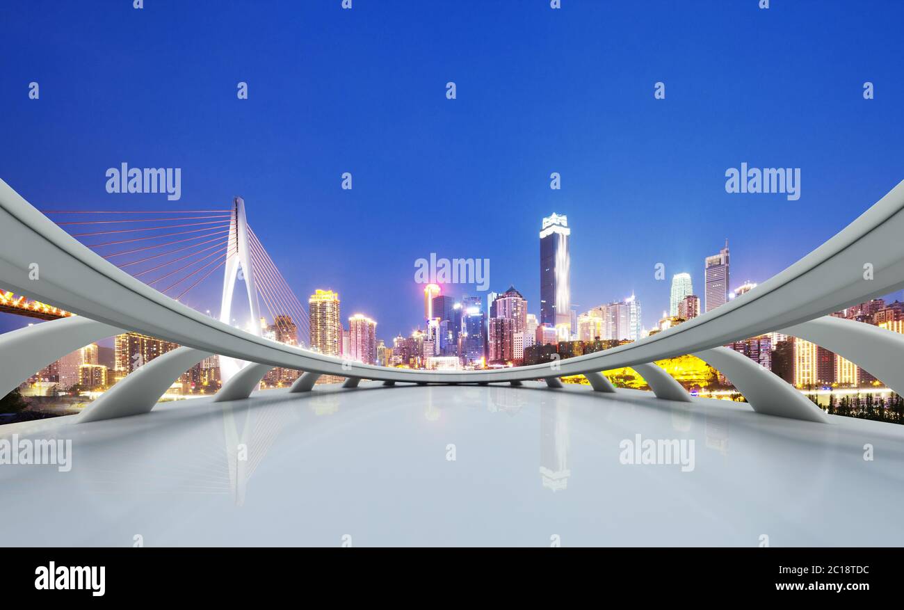 empty marble floor with modern bridge and modern city Stock Photo - Alamy