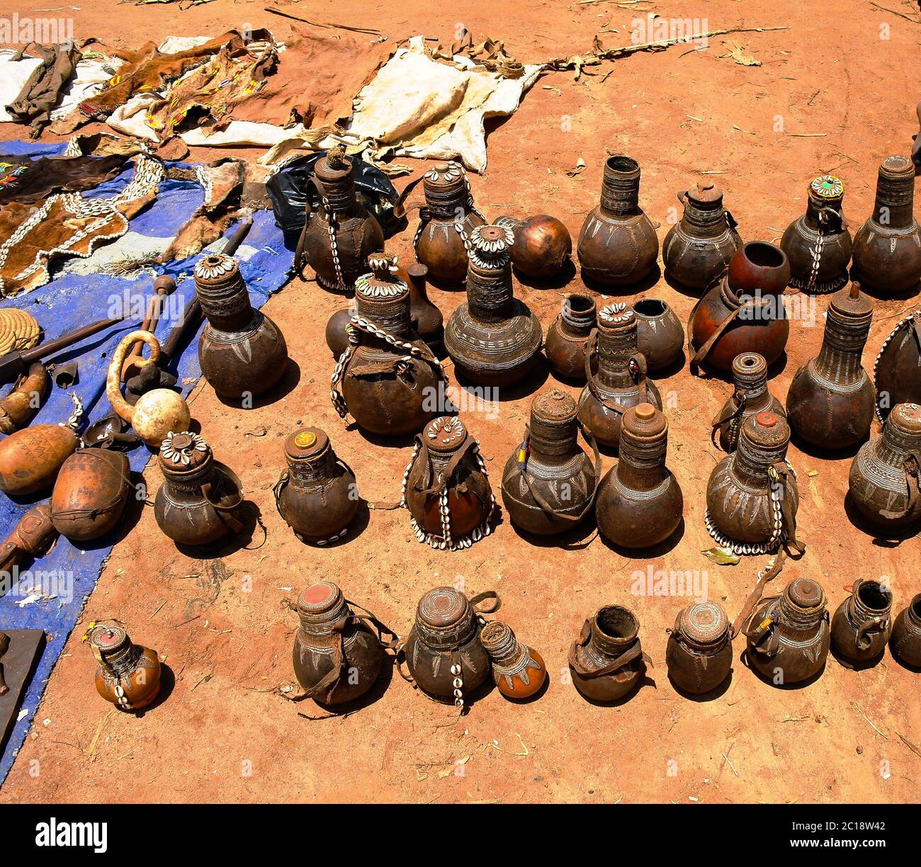 Traditional pitchers and pots at handicrafts local market Kei Afer, Omo ...