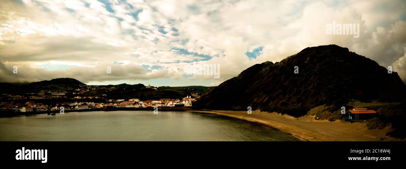 Sunset view to Horta, Porto Pim Bay and beach from mount Guia, Faial ...