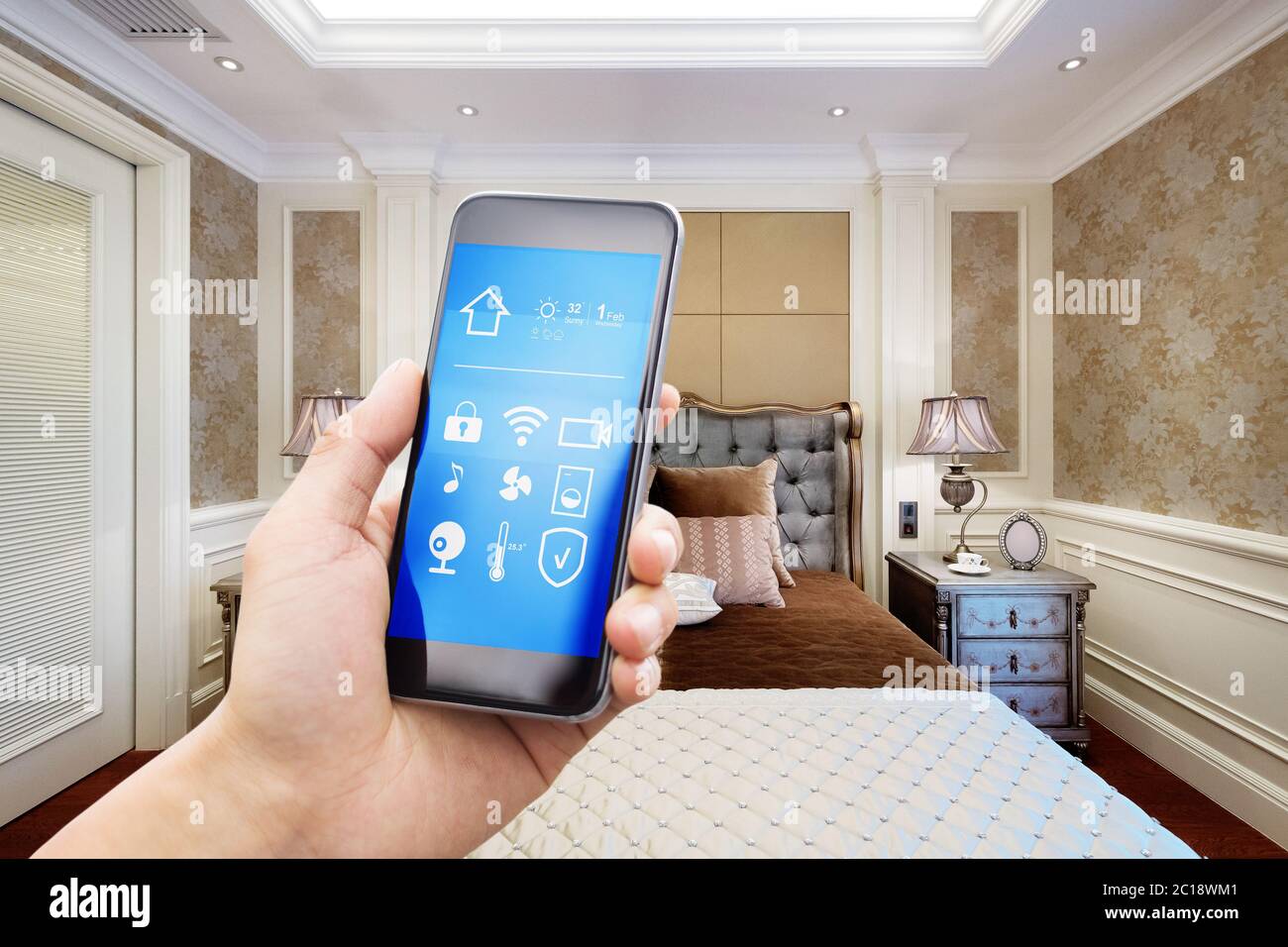 mobile phone with smart home with bedroom Stock Photo - Alamy