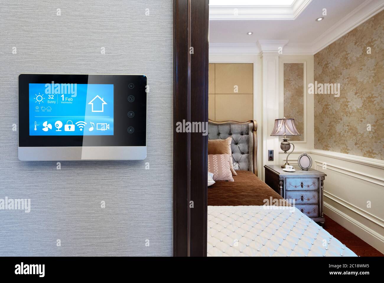 smart screen with smart home fuctions with backgrounds Stock Photo - Alamy