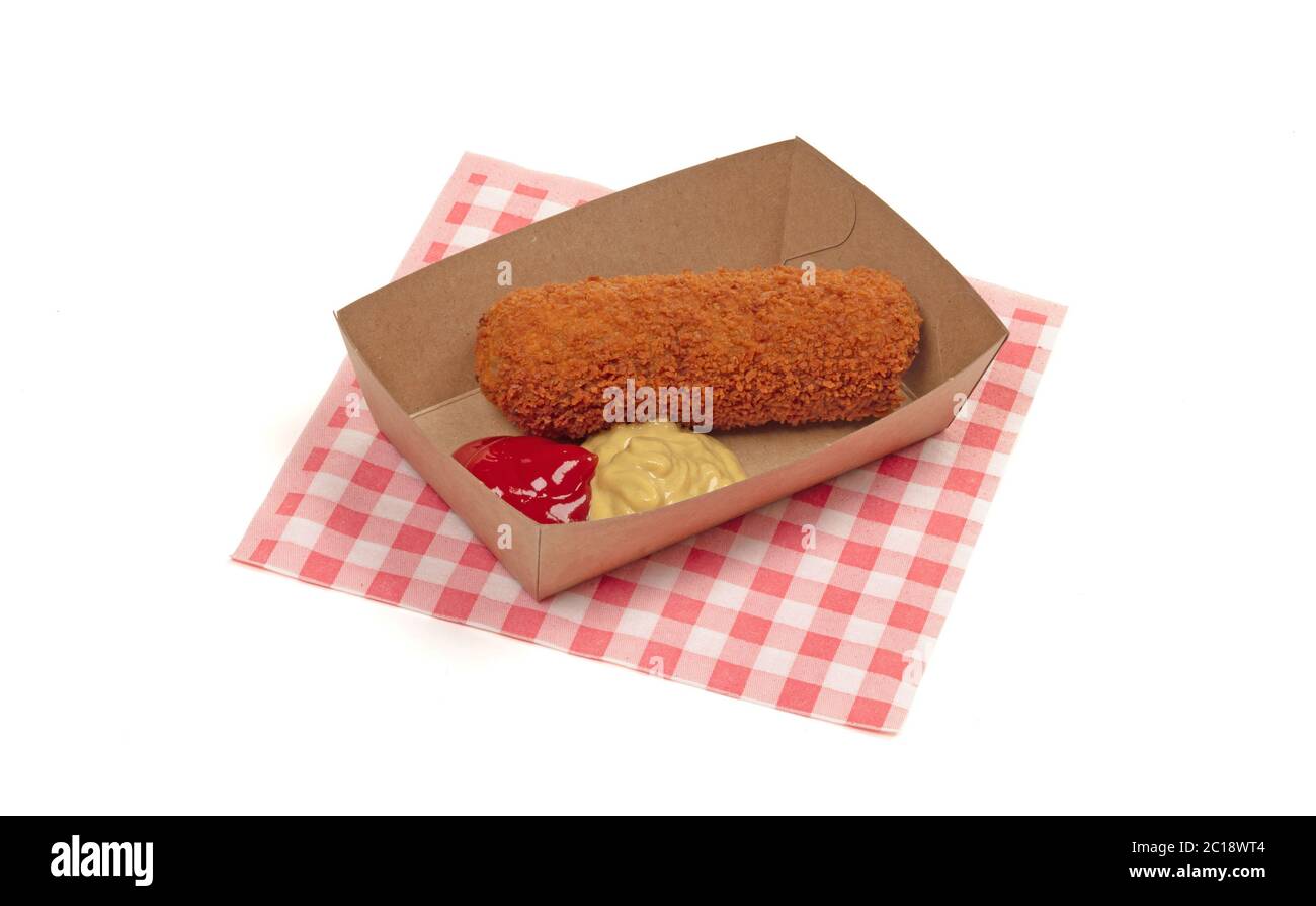 Brown crusty dutch kroket with mustard and ketchup isolated on a white ...