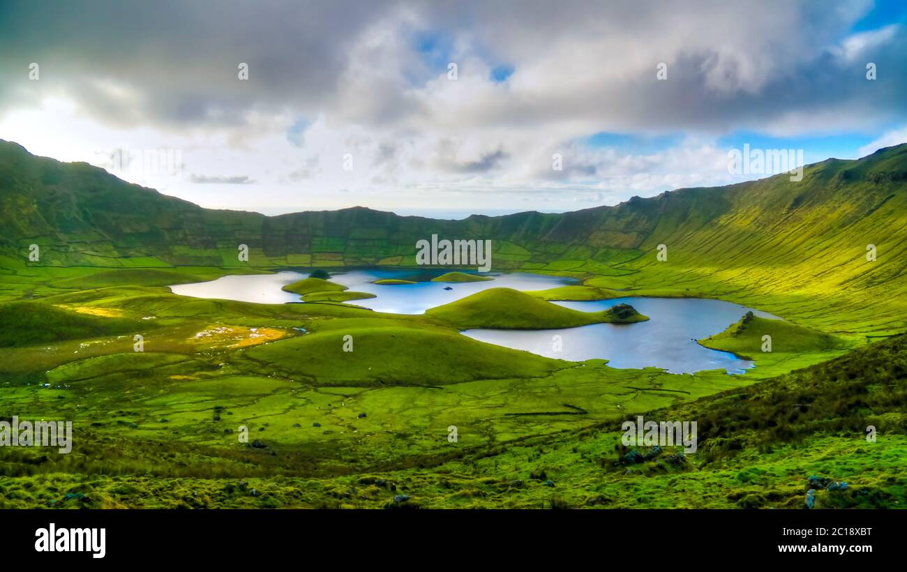 Landscape sunset view to Caldeirao crater, Corvo island, Azores ...